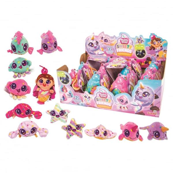 暗いところで光るよ！パーリーポッド スウィートフレンズ！！高さ約95mmパールの入り口を開くと中には、ぬいぐるみとステッカーが入っているよ。暗いところで光るぬいぐるみは、全部で12種類あるよ。