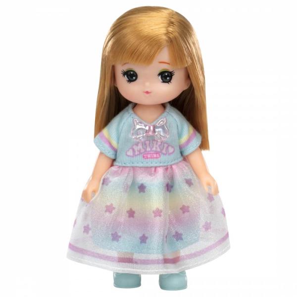,#00003805 リカちゃんのいもうと、ふたごのミキちゃんです。カジュアルな水色トップス、レインボーのスカートにはパープルの星柄が入っています。ハッピーな気分になれるキラキラのリボンがポイントです。クツ付きです。リカちゃんのいもうと、ふ...