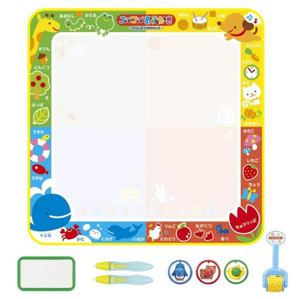 スイスイおえかきカラフルシートのペン2本＆スタンプセット【限定パーツ付き】です。水で描くから汚れない！乾くと消えるので何回でもおえかきできます！人間工学に基づいた形状の持ちやすいペンで、はじめてのペン練習にもピッタリ。