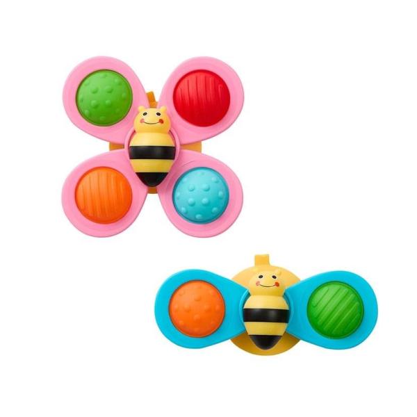 くるくる回して、ぽこぽこ押して　赤ちゃんの好奇心と指先を育むスピナー２種類のみつばちがセットになったスピナー。テーブルやミラー、窓ガラスやお風呂の壁などにつけて、指でくるくる回したり、羽のぽこぽこを押して遊びましょう。