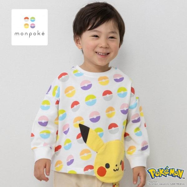 ポケモン公式ブランド『monpoke（モンポケ）』から「monpoke collection」 を展開！「monpoke」の長袖トレーナーです♪カラフルなモンスターボールが目を引く総柄デザイン☆ピカチュウのはみだしアップリケがとってもキュー...