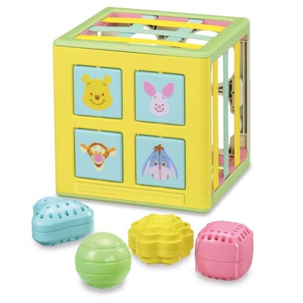 押し込む！引っぱり出す！赤ちゃんのやってみたい意欲を育てる知育キューブ。【対象月齢】10ヶ月〜・成長にあわせて遊びが広がる6面のキューブに、触感の楽しめるブロック４個入り。