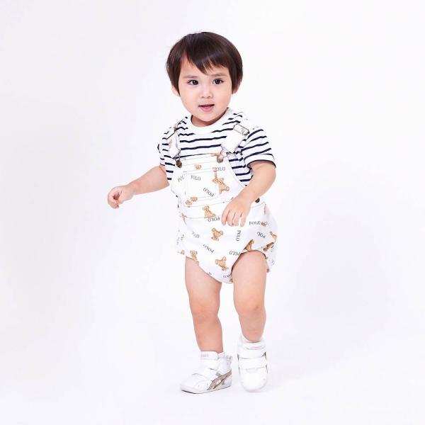 ,#00003761,#000444, 大人気！くまとロゴの総柄がかわいいサロペットロンパース＜サイズ＞70cm：総丈44cm 身丈22cm80cm：総丈48cm 身丈23cm＜素材＞ツイル＜組成＞本体：ポリエステル98％、ポリウレタン2％