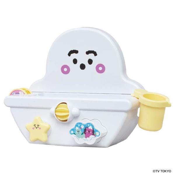 ぷしゅぷしゅがおふろに浸かっているデザインのバストイです。あひるコップで水をすくって、水車や雲に水をかけたりなど様々な水遊びが全6種！おふろが楽しくなるあそびがいっぱいで、おふろのイヤイヤ期にぴったりです！