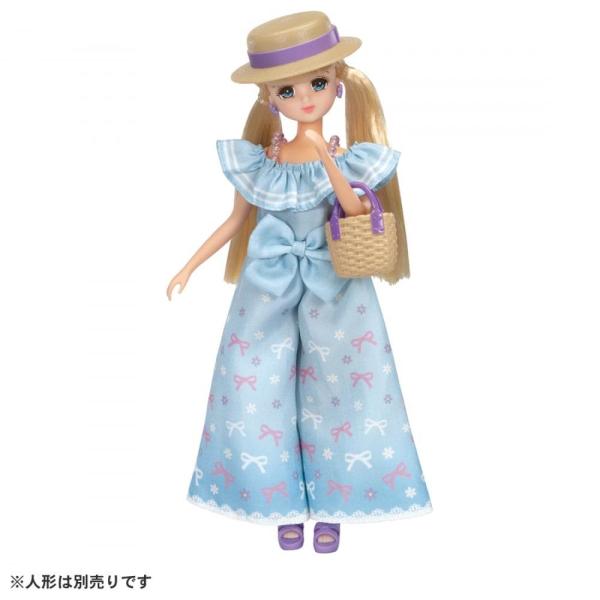 ,#00003805 さわやかなブルーのパンツスタイルのワンピースに帽子とバッグがセットになったお出かけスタイル！大きなフリルのえりにリボンの柄がいっぱいのパンツスタイルワンピース。ウエストの大きなリボンもポイント！帽子とカゴバッグ付き。