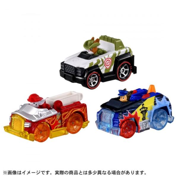 トラッカーとスペシャルカラーのダイキャストビークルが入った３個セットだよ！ダイキャストビークルにトラッカーが仲間入り！チェイスとマーシャルもスペシャルカラーで登場！仲間たちを集めて遊ぼう！