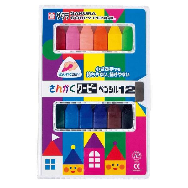 , 2〜3歳児の小さい手でも持ちやすい三角形のクーピーペンシルです。力の弱い幼児が楽しく描け正しい持ち方もしやすくなっています。本体・塗面もべたつかず、手が汚れにくい商品です。