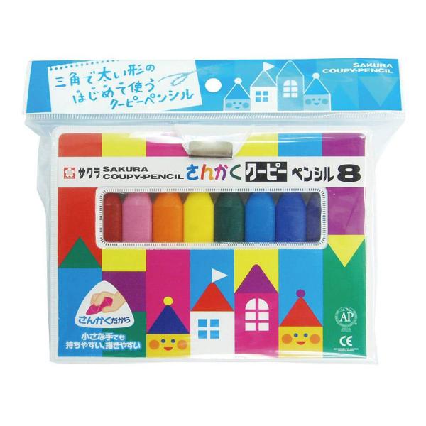 , 2〜3歳児の小さい手でも持ちやすい三角形のクーピーペンシルです。力の弱い幼児が楽しく描け正しい持ち方もしやすくなっています。本体・塗面もべたつかず、手が汚れにくい商品です。