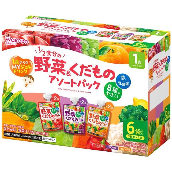 ,#00003200,#00003201,#00002124 ＜商品特長＞3種類のフレーバーが2個ずつ入ったお買い得パック。手軽に1/2食分の野菜がとれる、１歳からのお子さまが自分で飲みやすいジュレタイプ飲料です。８種の野菜と３種のくだもの...