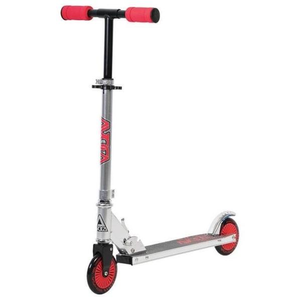 ,#20251215siteoffitems,, コンパクトにたためて、持ち運びが簡単なアルミニウム製のキックスクーター。レッドとブラックのアクセントがシルバーとマッチした洗練されたデザインになっています。