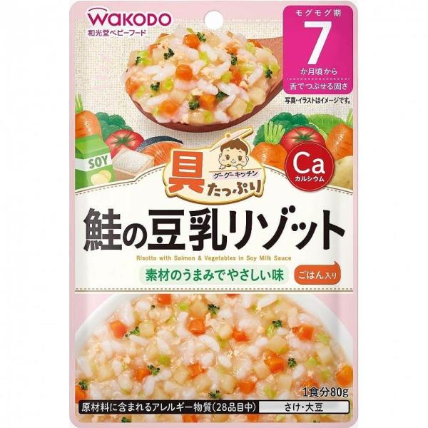 ,#00003200 ＜商品特長＞ ・バラエティ豊かな「具」がたっぷり・離乳食で不足しがちな鉄もしくはカルシウムを強化・食べやすくほぐした鮭とたっぷりの野菜を、豆乳でふっくら煮込んだリゾットです。・着色料、香料は使用しておりません。