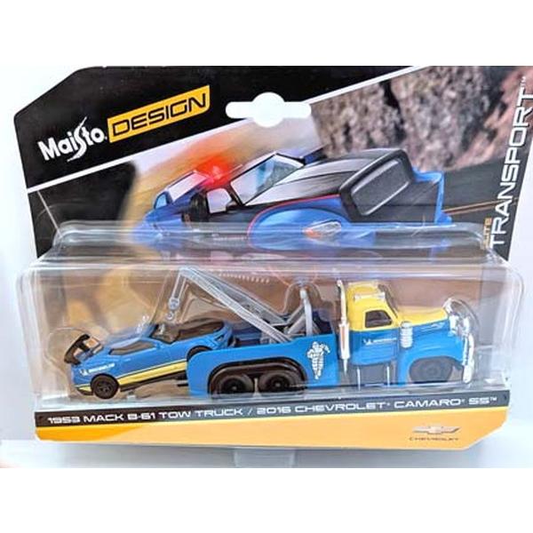 【発売日：2026年07月31日】Maisto 1/64 Design Elite Transport 1953 マック B-61 トラック+2016 シボレー カマロ SS (ブルー/イエロー/ミシュラン) 完成品ダイキャストミニカー M...