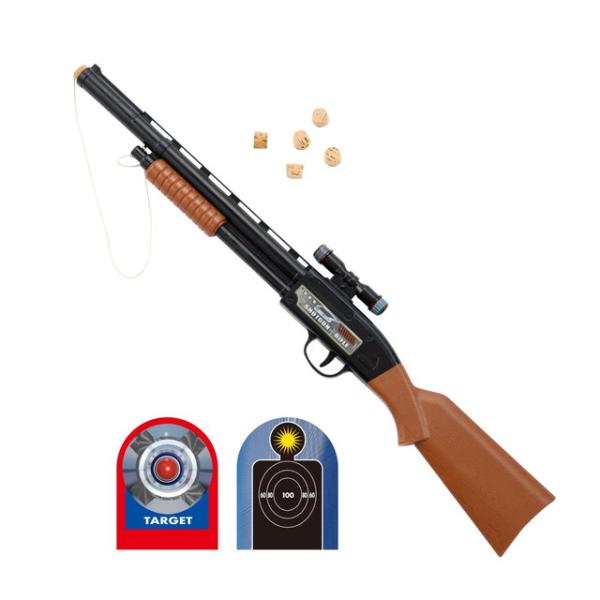 本格的なカタチの迫力シューティングゲーム。スコープ付きライフルの銃口にコルク弾をセットして引き金を引き、付属のターゲットを狙ってヒットさせよう。【セット内容】ライフル・ひも付コルク弾・ひもなしコルク弾×5個・的×2個■対象年齢：6歳以上■メ...