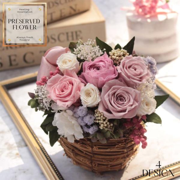 【商品詳細】【商品名】プリザーブドフラワー・バスケットアレンジ【サイズ】高さ：約16cm<br>横幅：15cmタイプ3.4は高さ19cm【クリケースサイズ】18×18×21cm【お菓子セットについて】フィナンシェ：3つセットまた...