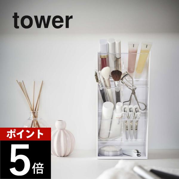 洗面周りにコスメをまとめて一括収納！トレーが透明のため、中身が見やすく整理も簡単！メイクブラシ・リップ・アイライナーなどを取り出しやすいように斜めに収納できるコスメ立体収納ケース。トレーは差し込むだけの簡単取り付け！底面には滑り止めクッショ...