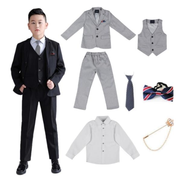 【キッズファッション・フォーマルスーツ】・セット内容：ジャケット+ズボン+ベスト+シャツ+ネクタイ+蝶ネクタイ+ブローチ・カラー：グレーブラック・サイズ：130cm 140cm 150cm 160cm 170cm 180cm・素材：ポリエス...