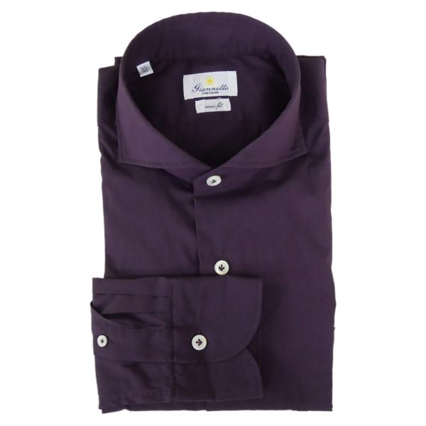 GIANNETTO ジャンネット カッタウェイシャツ AC999 VINCI FIT WASH 長袖 ワイシャツ ブランド ワンポイント 刺繍 上品 ビジネス きれいめ 無地 メンズ ダークパープル