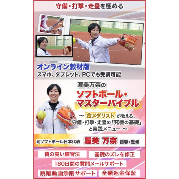 「なぜ試合で同じミスを繰り返してしまうのか？」その答えは、技術不足ではなく“基礎を判断する基準”にあります。本教材では、東京オリンピック金メダリスト・渥美万奈氏が、守備・打撃・走塁の基礎を体系的に解説。キャッチボール、捕球、スイング、走塁な...