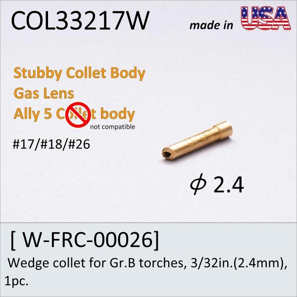 FURICK CUP ガスレンズおよびスタッビコレットボディーで使用可能なコレットです。銅製スリットタイプと比較して、高耐久となっております。1.　ウェッジタイプコレットΦ2.4mm　全長30.2mm　　　　#17 #18 #26 サイズの...