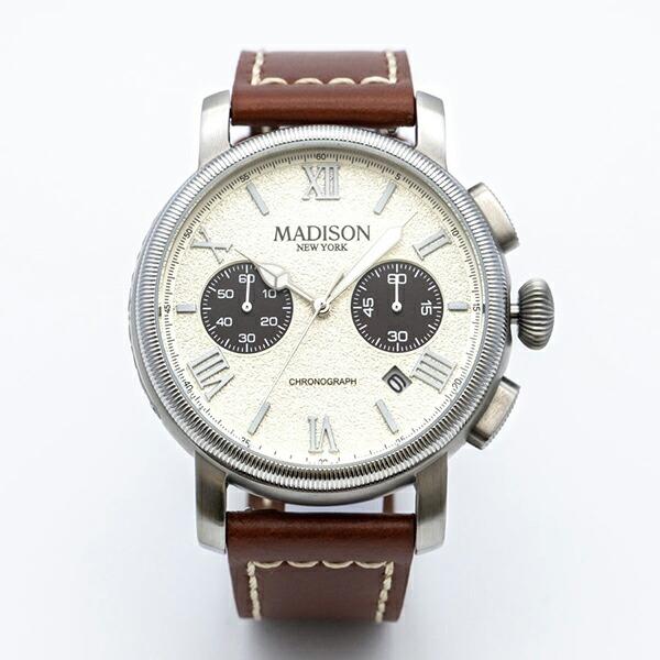 メーカー：MADISON NEW YORK マディソン ニューヨーク　製品名：MA011009-4　JANコード：4937285142537　ケースサイズ：45×50mm　ムーブメント：クォーツ　バンド：オイルド・カーフレザー　文字盤色：ベ...