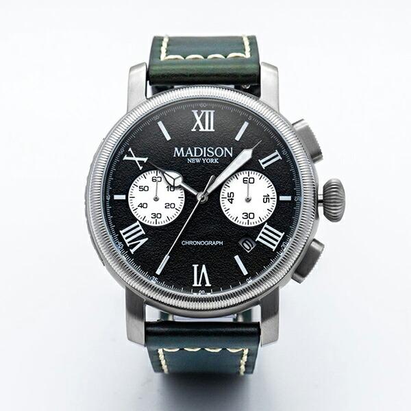 メーカー：MADISON NEW YORK マディソン ニューヨーク　製品名：MA011009-5　JANコード：4937285142544　ケースサイズ：45×50mm　ムーブメント：クォーツ　バンド：オイルド・カーフレザー　文字盤色：ダ...