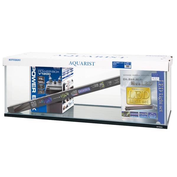 120cmガラス水槽と外部フィルター、LEDライト、専用ガラスフタのメーカー純正4点セットに保温器具、バックスクリーンなどを追加したお買い得8点セットです。