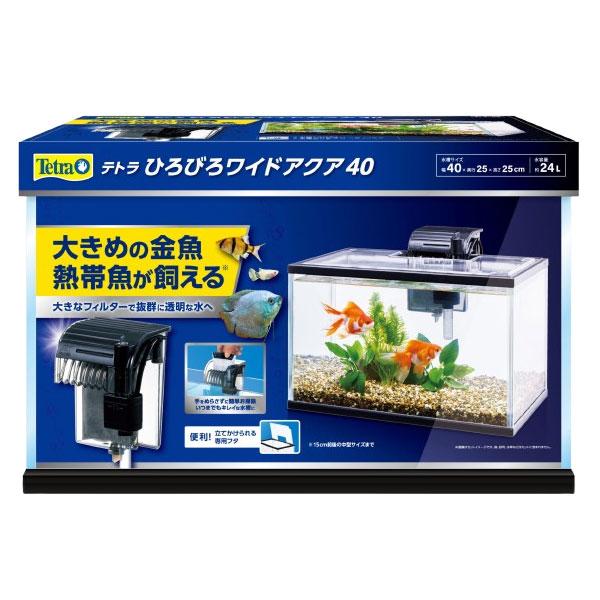 金魚などの大きめのお魚が飼える、幅40cmのひろびろ水槽セットです。お手入れ簡単、便利な外掛けフィルター付き！