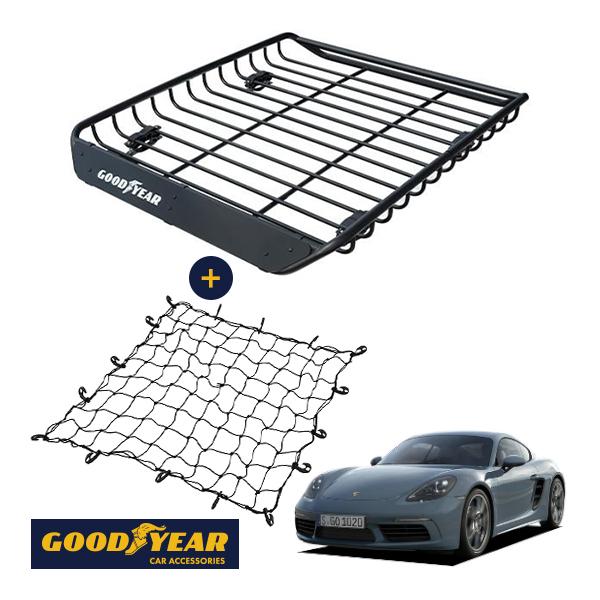 メーカー：GOODYEAR品名：GOODYEARロゴ入 ルーフラック MEGA PRO ＋ カーゴネット内容物：本体、取付金具、ネット管理番号：g2597-g2672カラー：ブラック材質：スチール、樹脂、ゴム耐荷重：100kg取付方法：金具...