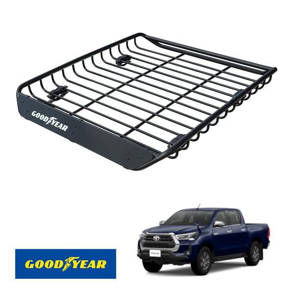 メーカー：GOODYEAR品名：GOODYEARロゴ入 ルーフラック MEGA PRO内容物：本体、取付金具管理番号：g2597カラー：ブラック材質：スチール耐荷重：100kg取付方法：金具固定ルーフラック本体(外寸)：1341mm×124...