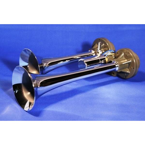 ラッパ部分は、合金にクロームメッキ仕上げのハイパワー音質:高音サイズ:全長L310m/mカラー:クロームメッキ(筒)・黒(土台)24V専用12Vはマグネットスイッチ交換で使用できます。12V御希望の方はスイッチを12V用に交換できますのでお...