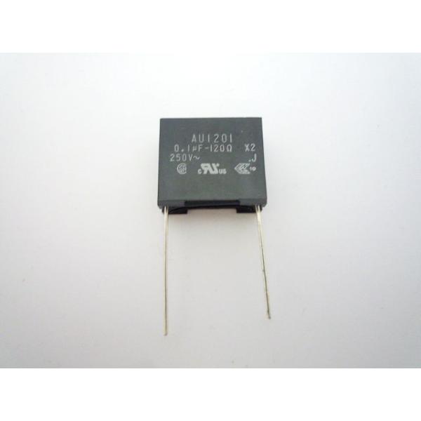 AU1201●静電容量：0.1μF±20％●抵抗値：1/2W 120Ω±30％●サイズ：20.0(W)×17.0(H)×8.0(ｔ)mm●重畳パルス条件・尖頭値：700V(max.)・パルス幅：50msec(max.)・繰返し周波数：120...