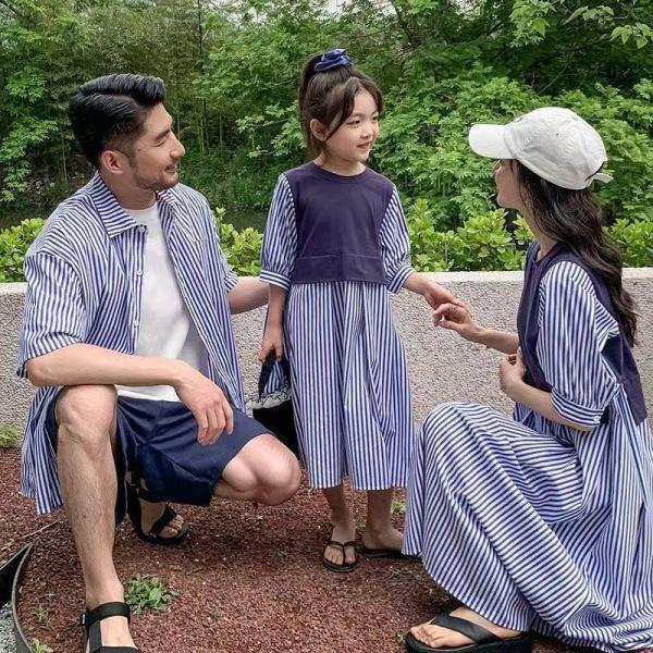 リンクコーデ 親子セット 親子ペアルック シャツ 縞柄 ネイビー ワンピース ショートパンツ 親子ペア 親子お揃い 半袖 夏服 親子コーデ ビーチウエア 親子ペア ハーフパンツ 母の日 父の日 ギフト 男の子 女の子 ママ 娘 息子 キッズ...