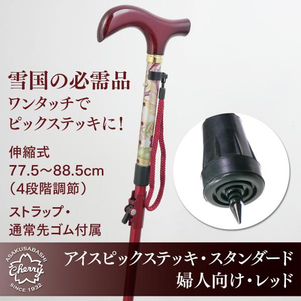 ワンタッチで冬道仕様になる冬季シーズンのヒット商品！−−−−−−−−−−−−−−−−−−−−雪国での必需品、最近話題のアイスピックステッキ・スタンダードタイプです。支柱色に合わせたカラーストラップと、オフシーズン（春〜秋）向けの通常先ゴムを...