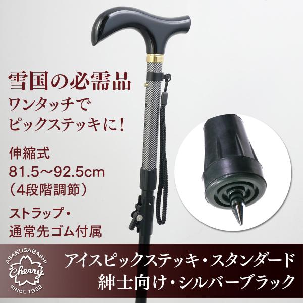 ワンタッチで冬道仕様になる冬季シーズンのヒット商品！−−−−−−−−−−−−−−−−−−−−雪国での必需品、最近話題のアイスピックステッキ・スタンダードタイプです。支柱色に合わせたカラーストラップと、オフシーズン（春〜秋）向けの通常先ゴムを...