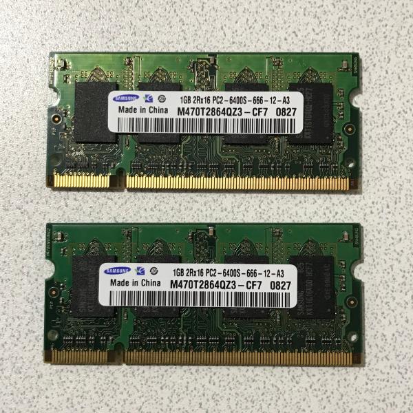 中古のサムソン製ノートパソコン用メモリです。外観と接続部分、ともに綺麗です。1GBの２枚セットになります。概要・PC2-6400S・1GB通電・動作は確認済みですが他機器との相性等で機能しない場合がありますので、あらかじめご了承ください。