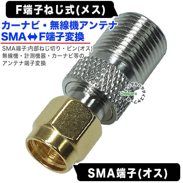 アンテナF型(ネジ式)⇔SMA変換アダプタ【製品特徴】●アンテナＦ端子(ねじ式)(メス)●SMA端子(中心ピン：オス)●SMA端子側：金メッキ【使用例】トランシーバーや無線機・カーナビ・GPS・計測機器車載用アンテナなどのSMA端子を一般家...