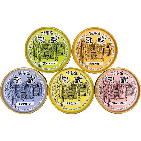 内容：バニラ・ストロベリー・ハスカップ・赤肉メロン・青肉メロン各80mL×各1