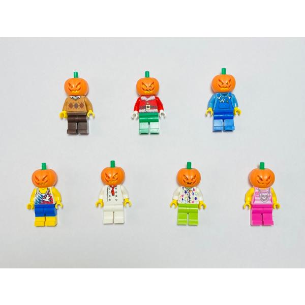メーカー：LEGO スペック：ミニフィギュアのみ、クリアパックに封入して発送いたします。 商品説明：ハッピーハロウィーン！レゴのカボチャの街の住人たち7体セットです。服装や表情には若干の変動がありますので、あらかじめご了承ください。