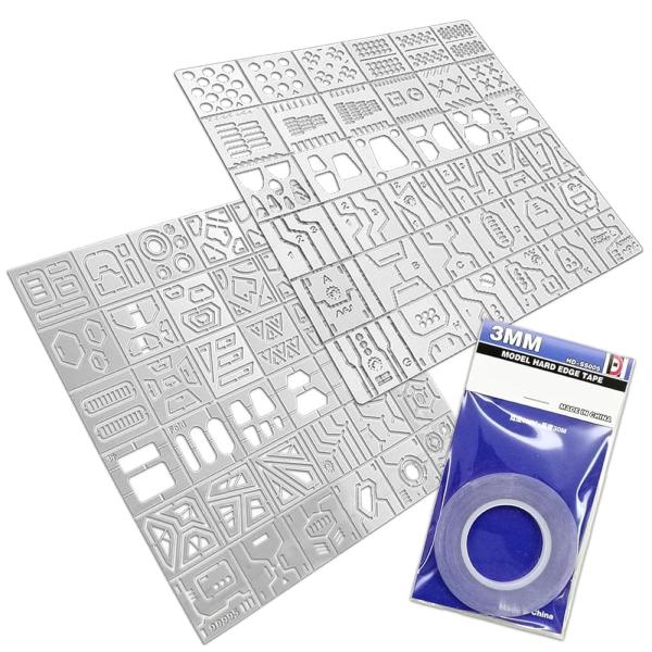 「商品情報」初心者でも使いやすいスジボリテンプレートセット このスジボリテンプレートセットには、2種類のエッチングガイドと3mmのガイドテープが含まれています。初心者でもスムーズにスジボリ加工ができるよう設計されており、ステンレス製のガイド...