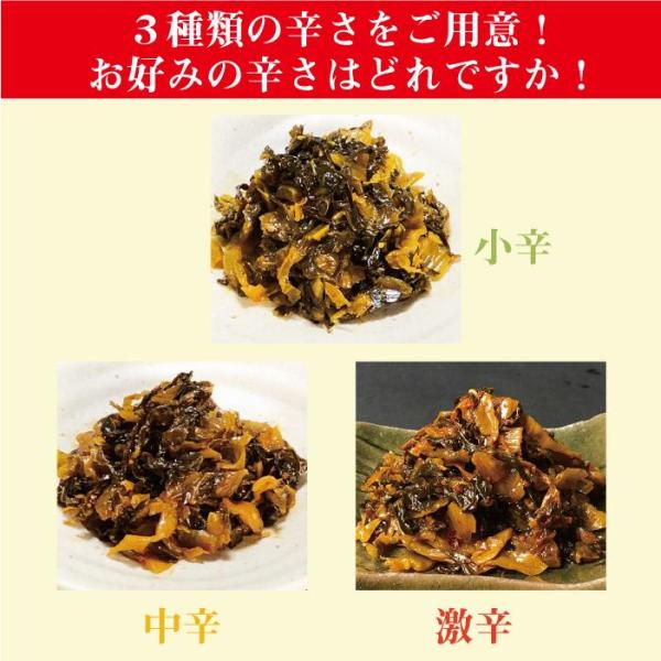 「福岡県産辛子高菜」をお召し上がりいただいたことがない方のために、お気軽にお試しいただけるよう、小辛・中辛・激辛の3点をセットにした”お試しセット”をご用意しました。価格・送料込みで１,1００円！という大変お得なセットです。■内容量:各16...