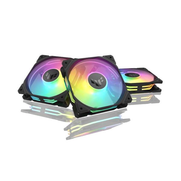 ASUS エイスース 28mm厚 120mm角ファン 3個入り 逆回転 ▼サイズ：12cm ▼（最大）ファン回転数：2000rpm ▼LED：ARGB ▼フレームカラー：ブラック系 ▼接続方式：4pin (PWMファン)