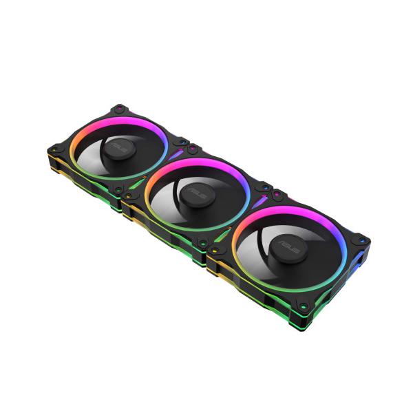 ASUS エイスース 28mm厚 1600rpm リバース 120mm角ファン　3個入り ▼サイズ：12cm ▼（最大）ファン回転数：1600rpm ▼LED：ARGB ▼フレームカラー：ブラック系