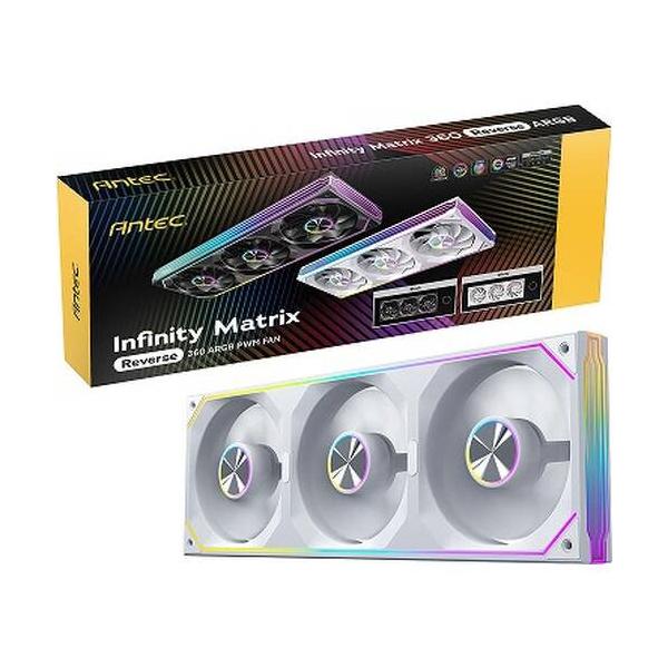 Antec アンテック インフィニティミラーデザイン 360 mm ARGBファン　リバースモデル ▼サイズ：36cm（12cmｘ3） ▼（最大）ファン回転数：1800rpm ▼LED：ARGB ▼フレームカラー：ホワイト ▼接続方式：4p...