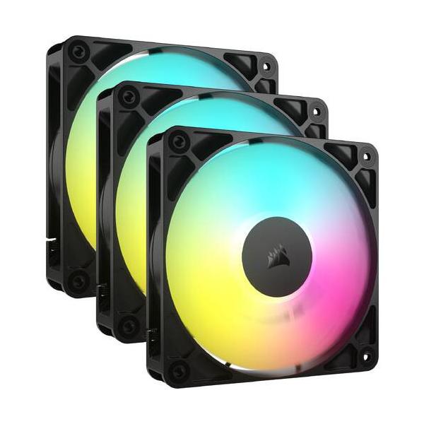 CORSAIR コルセア 8個のRGB LEDを搭載 120mm PWMファン 3個入り ▼サイズ：12cm ▼（最大）ファン回転数：2100rpm ▼LED：ARGB ▼フレームカラー：ブラック系 ▼接続方式：4pin (PWMファン)