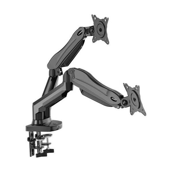 HUANUO ガススプリング式　デュアルモニターアーム ▼VESA：75×75/100×100 ▼パン：○ ▼チルト：○ ▼クランプ：○ ▼グロメット：○ ▼台数：2台用