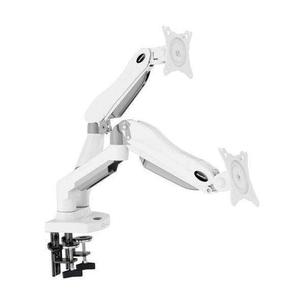 HUANUO ガススプリング式　デュアルモニターアーム ▼VESA：75×75/100×100 ▼パン：○ ▼チルト：○ ▼クランプ：○ ▼グロメット：○ ▼台数：2台用