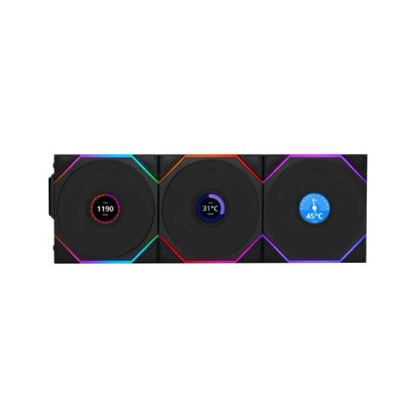 Lian Li リアンリー LCDディスプレイ搭載 ケーブルマネジメントが容易なワイヤレス機能 28mm厚 120mm角ファン 3個パック ▼サイズ：12cm ▼（最大）ファン回転数：1900rpm ▼LED：ARGB ▼フレームカラー：ブ...