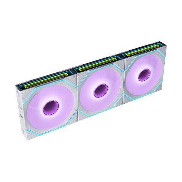 Lian Li リアンリー 120mm角 28mm厚 ARGBファン 3個パック ▼サイズ：12cm ▼（最大）ファン回転数：2300rpm ▼LED：ARGB ▼フレームカラー：ホワイト ▼回転の向き：通常