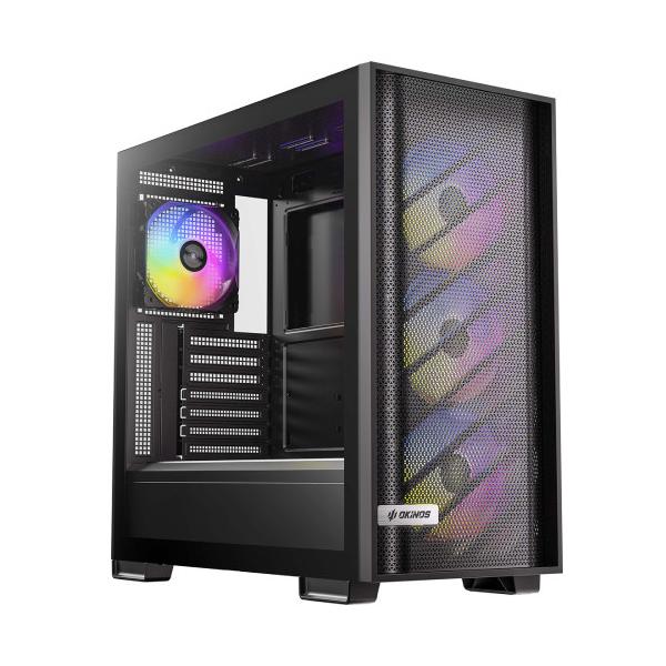 Okinos ARGBファン4個標準搭載 ATX対応ミドルタワーPCケース ▼カラー：ブラック系 ▼サイドパネル：ガラス ▼対応マザー形式：ATX 、Micro ATX 、Mini-ITX ▼重量：6.9kg ▼内部3.5インチベイ：2 (...
