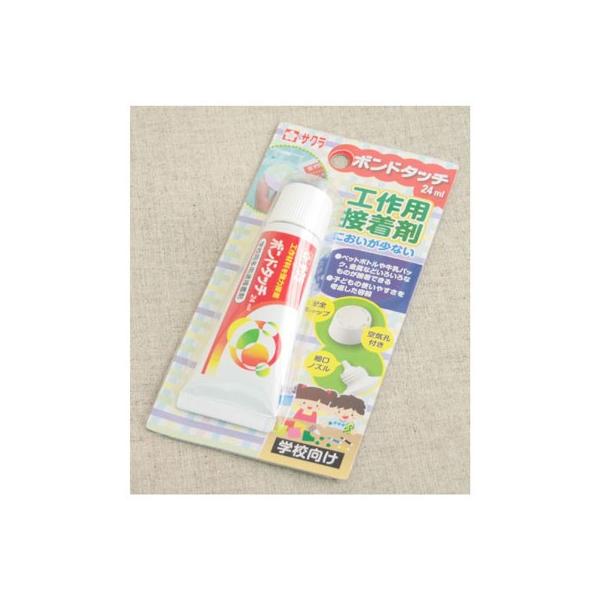 パッケージサイズ：約8x16cm種類：酢酸ビニール樹脂エマルジョン系接着剤成分：酢ビ共重合樹脂(55％)、水（45％）入り数：24ml学校向けの工作用ボンドです。においが少ないのが特徴です。ペットボトルや牛乳パック、金属などいろいろなものが...